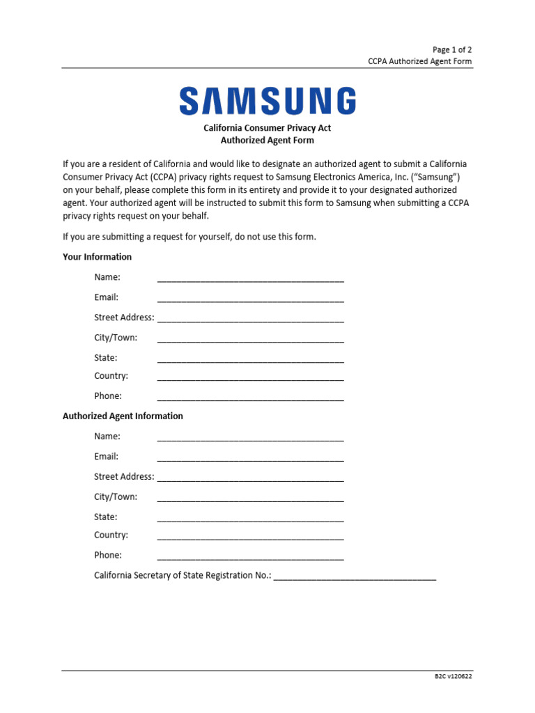 Samsung Authorized Agent Form | PDF | Privacy | Cyberspace