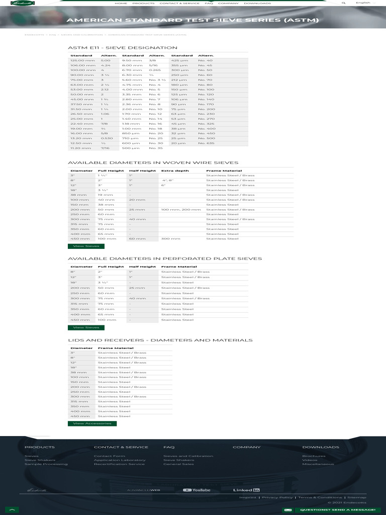 American Standard Test Sieve Series (ASTM) - Endecotts | PDF ...