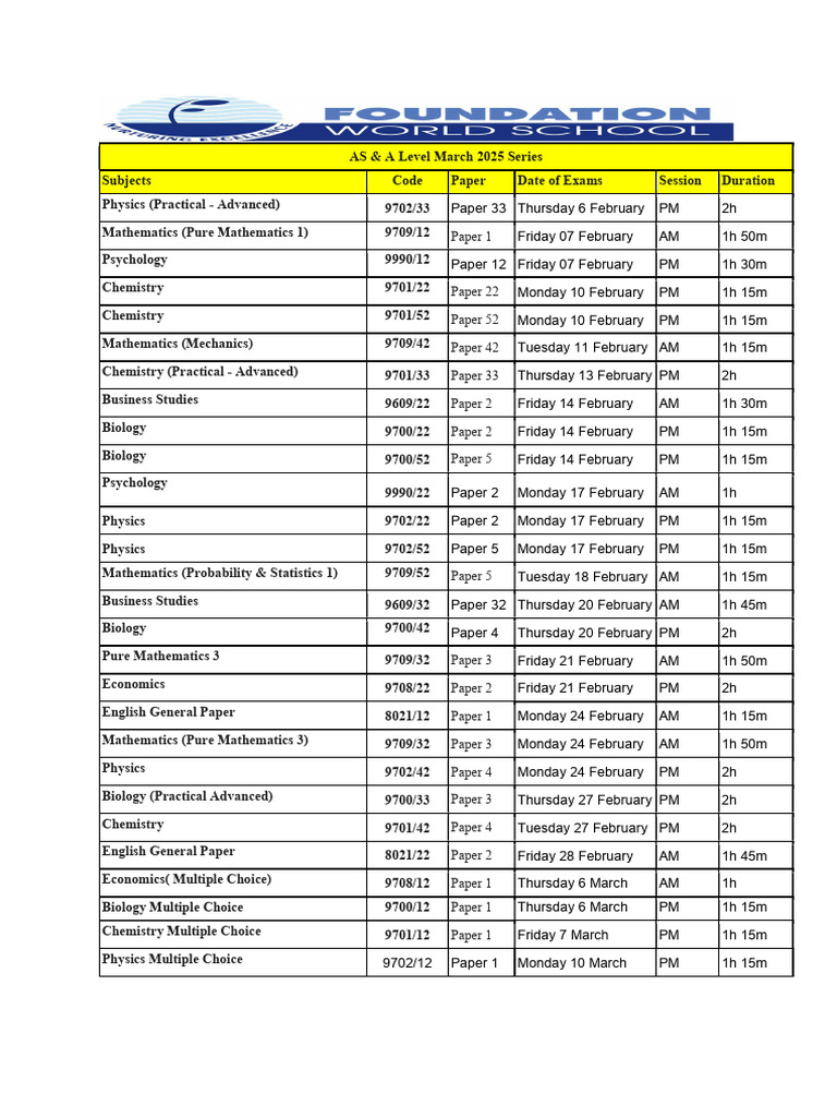 As A Level Timetable March 2025 | PDF | Mathematics | Science