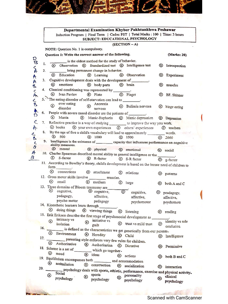 Paper - Educational Psychology - PST 2020-21 | PDF