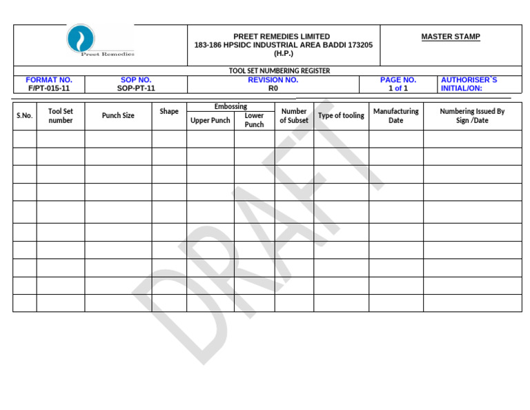 Tool Set Numbering Register | PDF
