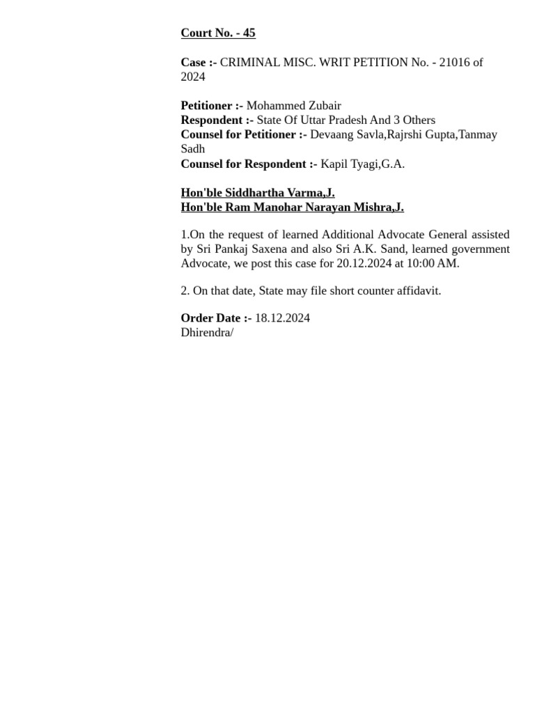 Criminal Writ Petition Update: Zubair vs. UP | PDF