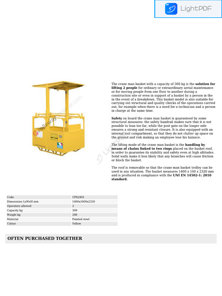 Crane Man Basket Capacity KG 300 and 2 Operators | PDF | Crane (Machine)