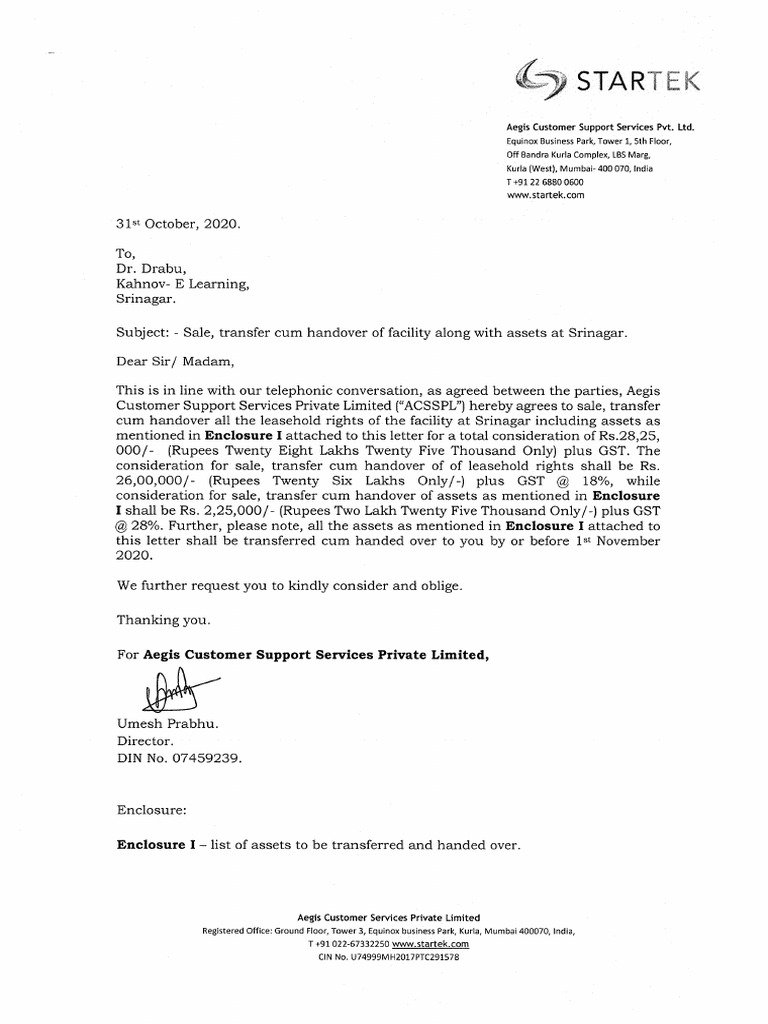 ACSSPL Kanhov Learning Letter For Handover of Assets FINAL | PDF