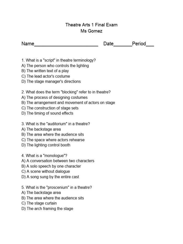 Theatre Arts 1 Final Exam | PDF | Puppets | Theatre