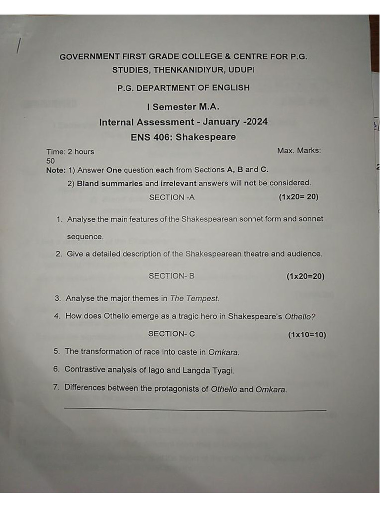 Question Papers of 1st Semester MA English | PDF