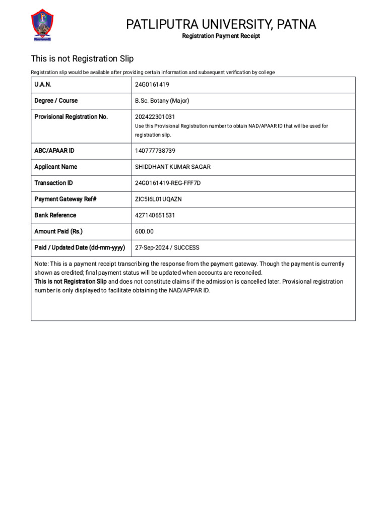 Registration Payment Slip | PDF