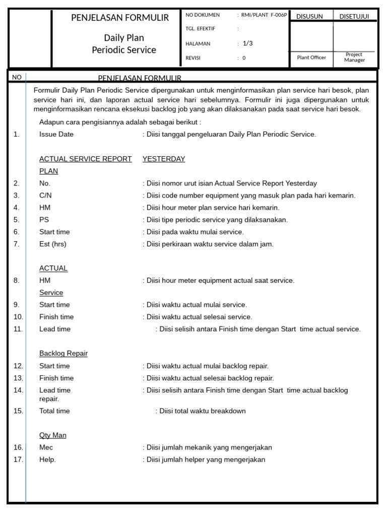 Daily Plan Periodic Service | PDF