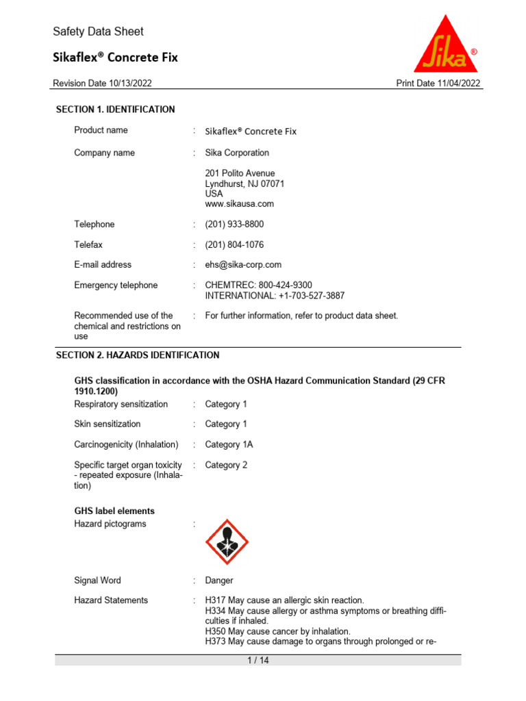 Sikaflex Concrete Fix | PDF | Toxicity | Silicon Dioxide
