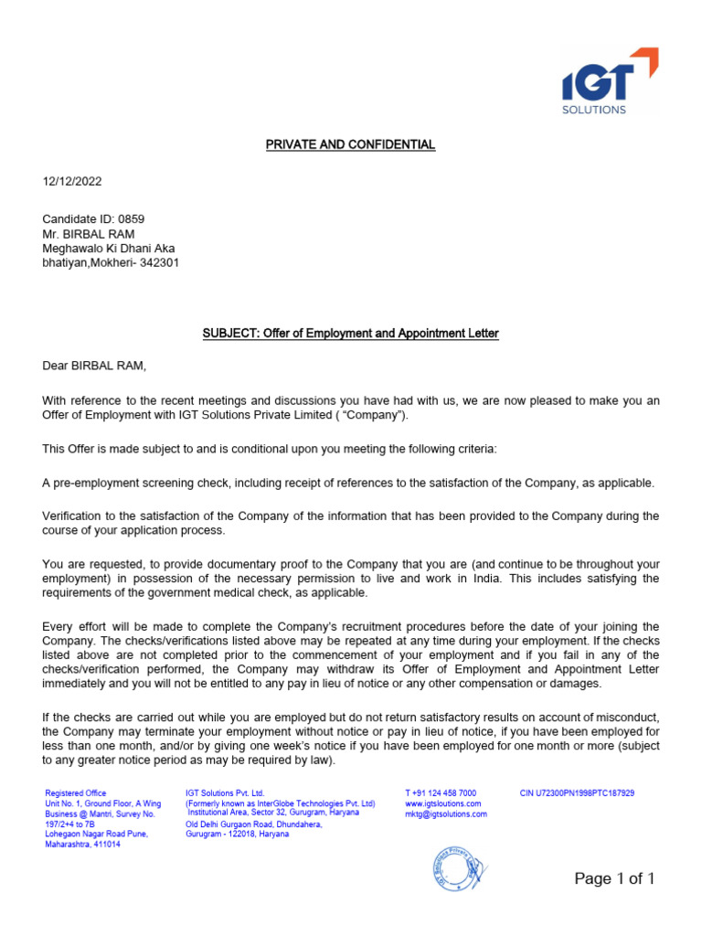 IGT-offer-letter (1)-1 | PDF | Employee Relations | Justice