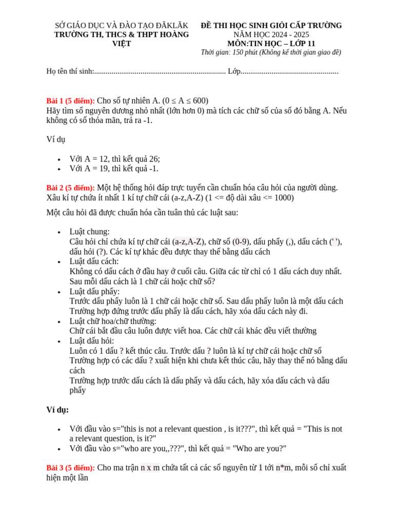 Đề Thi HSG Lớp 11 Tháng 10 | PDF