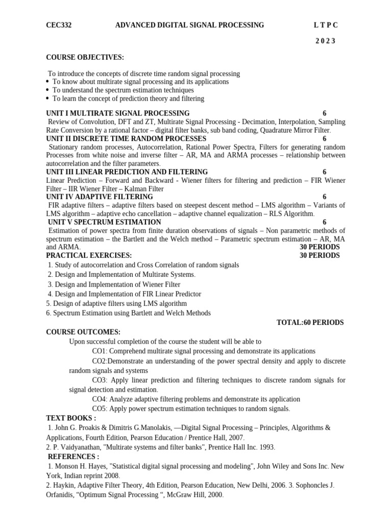 Cec332 Advanced Digital Signal Processing L T P C | PDF | Spectral ...