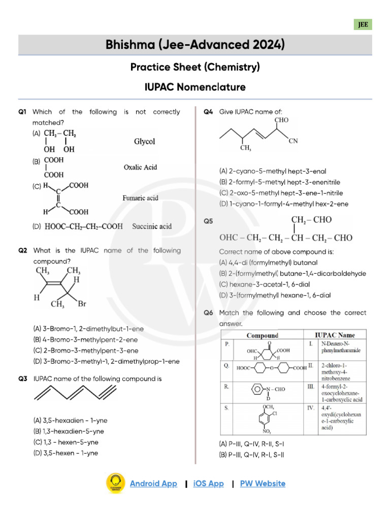 IUPAC Nomenclature Practice Sheet | PDF