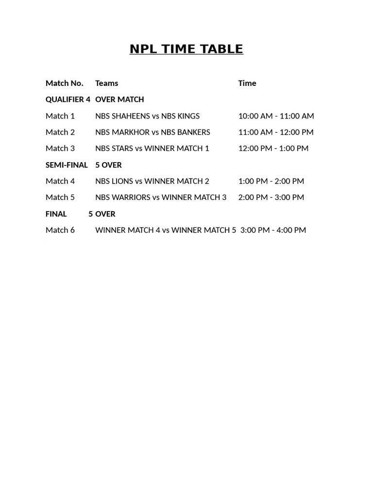 Npl Time Table-2 | PDF