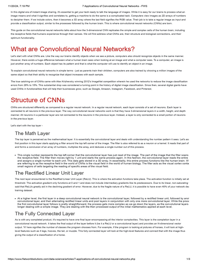 7 Applications of Convolutional Neural Networks - FWS | PDF | Artificial Neural Network | Deep ...