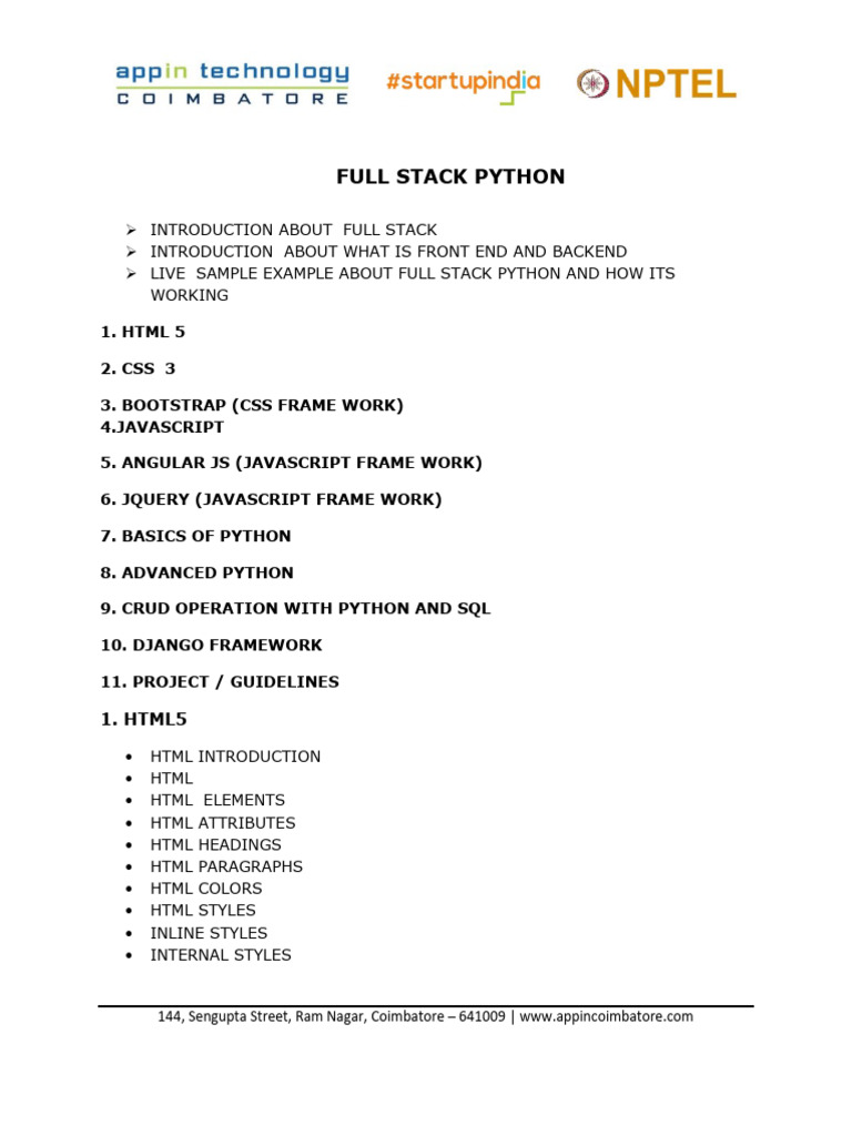 Appin Coimbatore Full Stack Python Syllabus 1 | PDF | Java Script | Html
