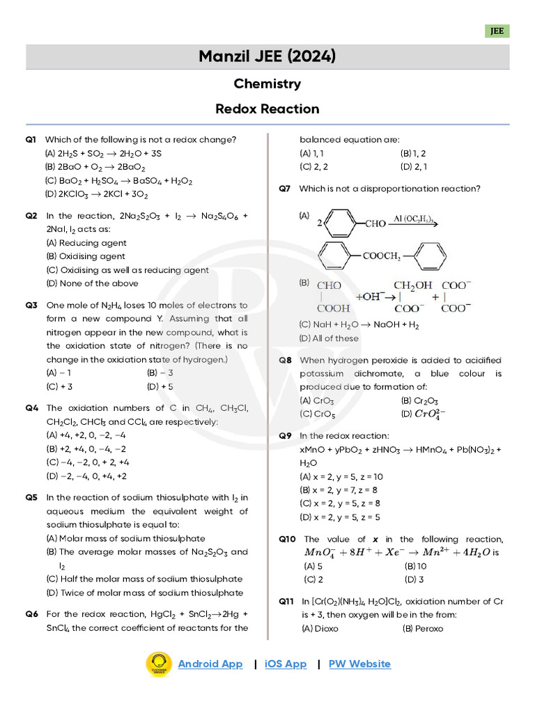 Redox Reaction Practice Sheet | PDF | Redox | Chemical Reactions