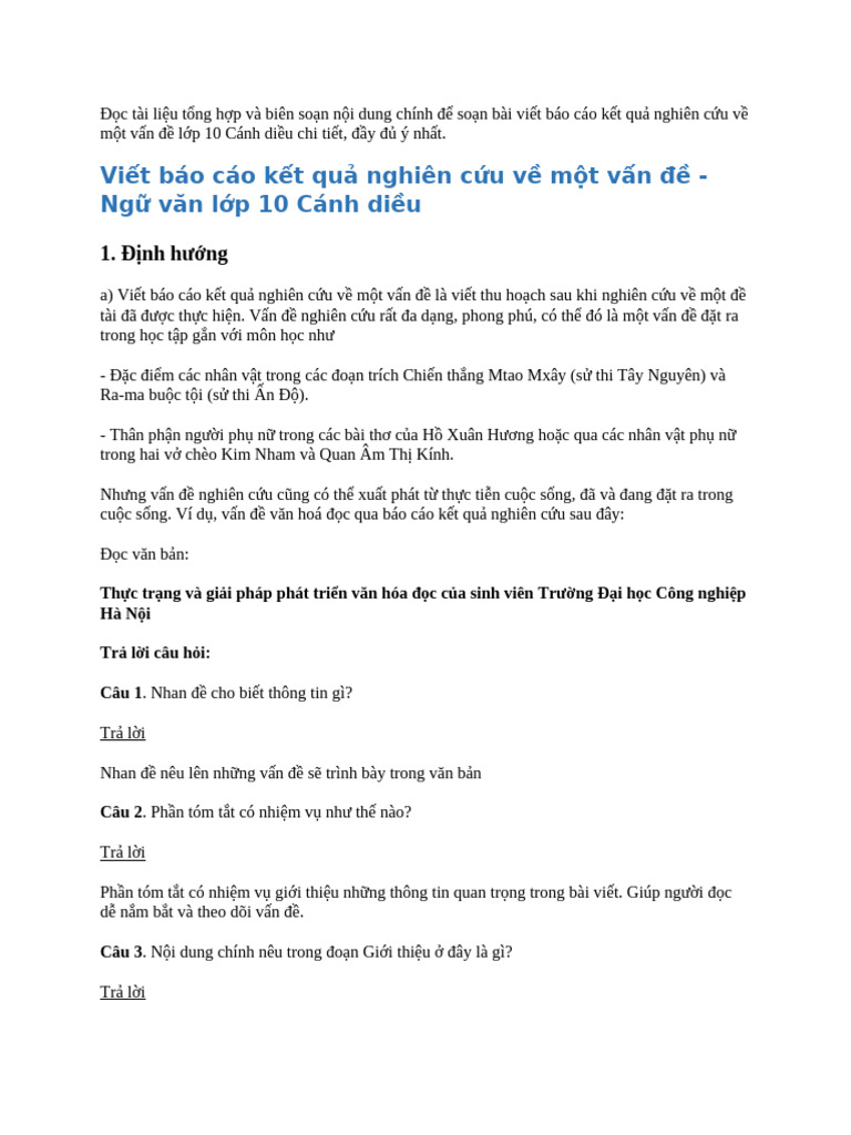 Soan Bai Viet Bao Cao Ket Qua Nghien Cuu Ve Mot Van de Lop 10 Canh Dieu ...