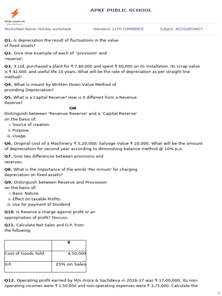 Holiday worksheet-11TH COMMERCE-ACCOUNTANCY | PDF | Depreciation | Expense