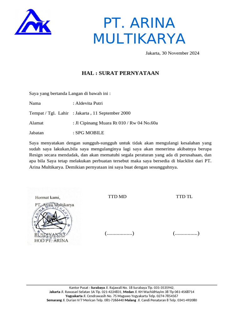 Surat Pernyataan SP Alfamart | PDF