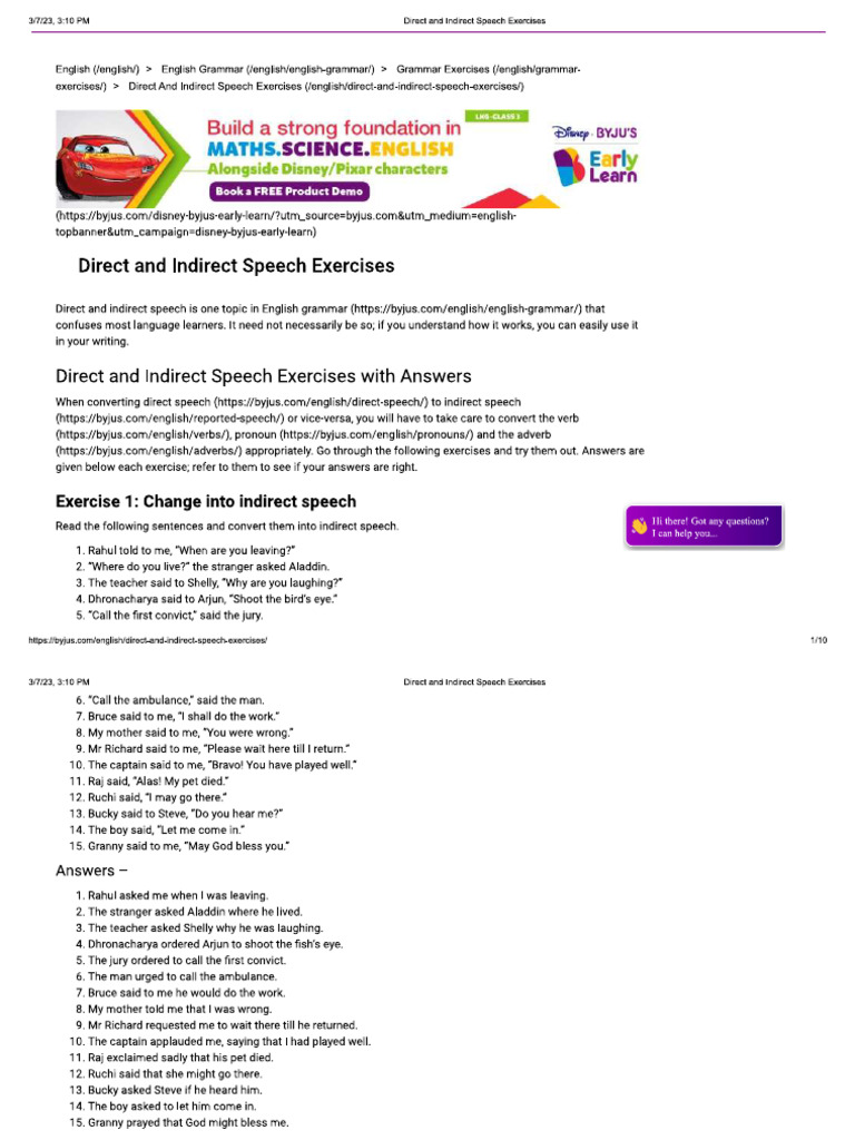 Direct and InDirect Speech Exercises 02 | PDF