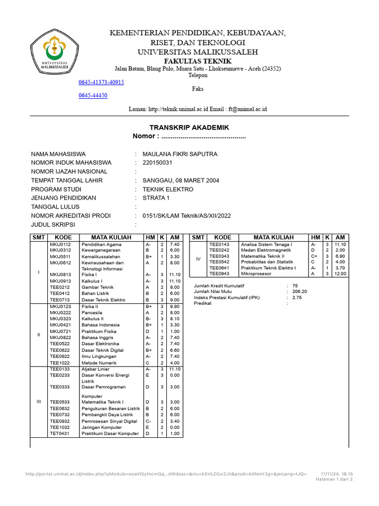 Transkrip Mahasiswa | PDF