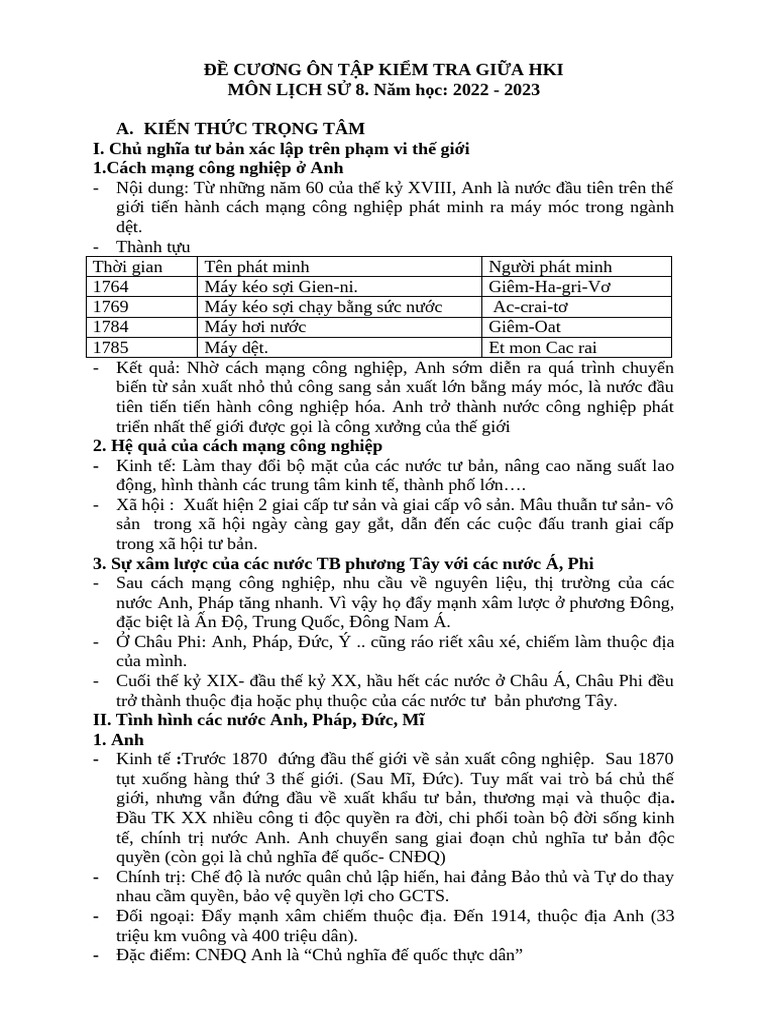 De Cuong On Tap Giua Ki 1 Lich Su 8 | PDF