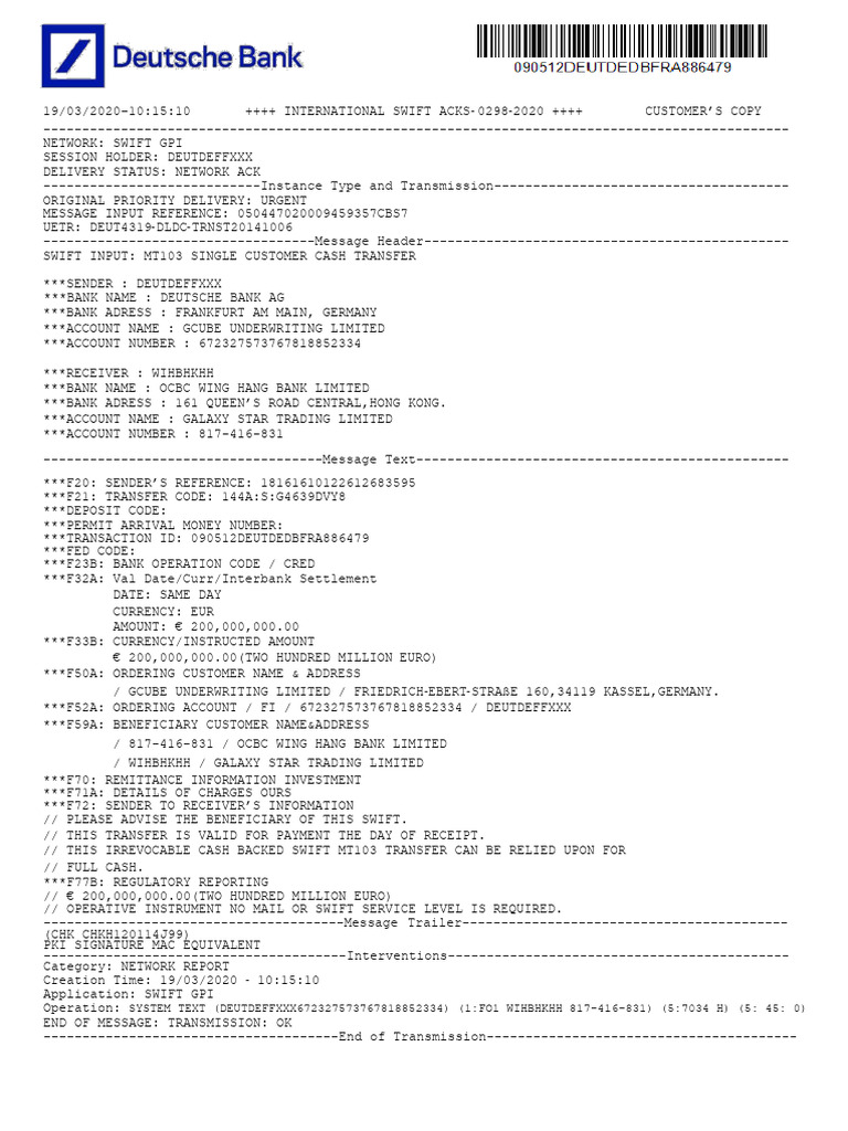 SWIFT MT103 Transfer Acknowledgment | PDF | Cash | Financial Services