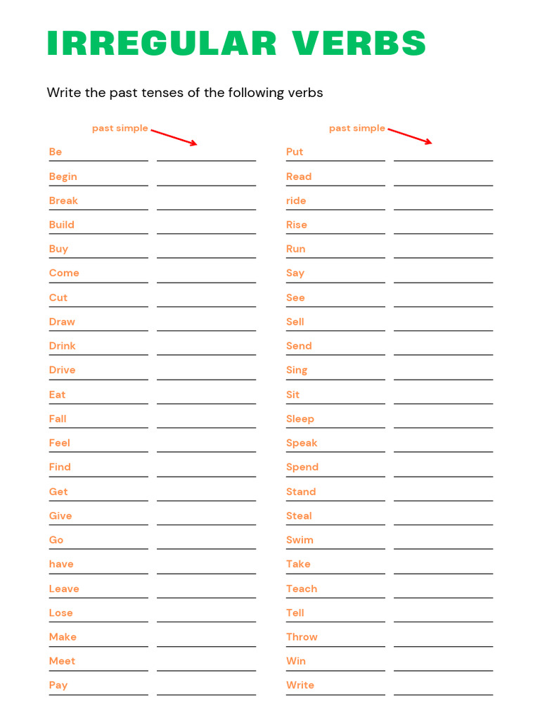 Irregular Verbs List Worksheet in Black and Blue Simple Style | PDF ...