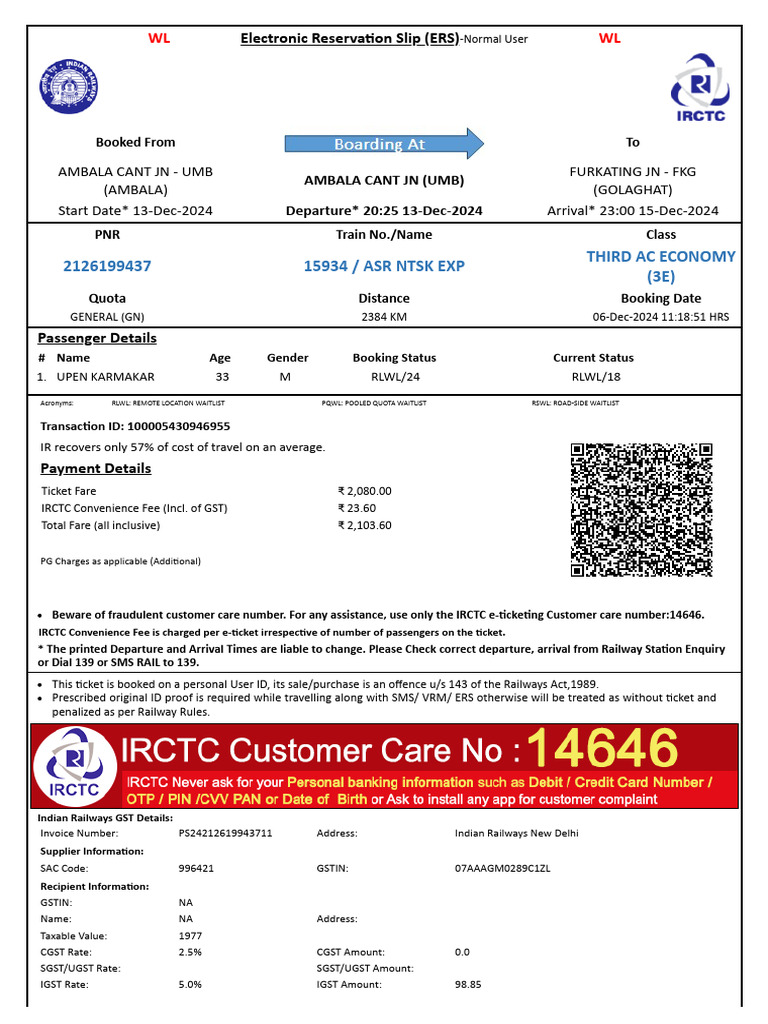 Asr NTSK Exp Third Ac Economy (3E) : WL WL | PDF | Identity Document ...