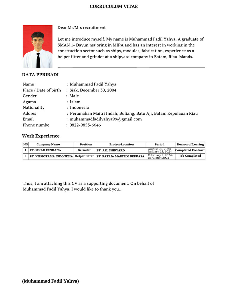 Muhammad Fadil Yahya CV for Shipyard Role | PDF