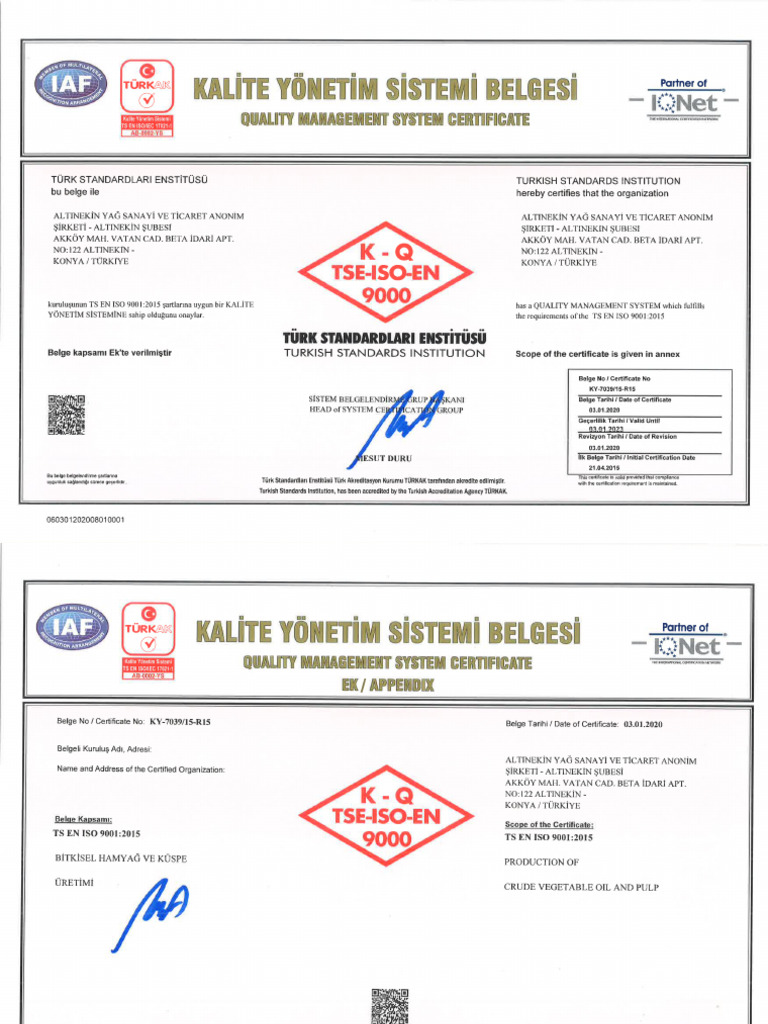 TS EN ISO 9001 Kalite Yonetim Sistemi Belgesi | PDF
