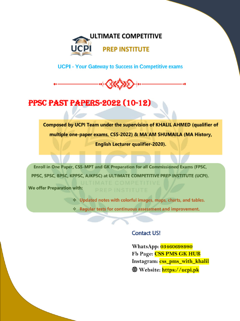 PPSC Past Papers-2022 (10-12) Ucpi | PDF