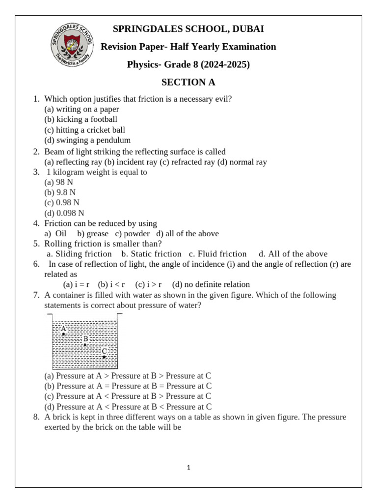 GR 8 - Phy - Half Yearly Revision Paper-Reviewed | PDF | Friction | Pressure