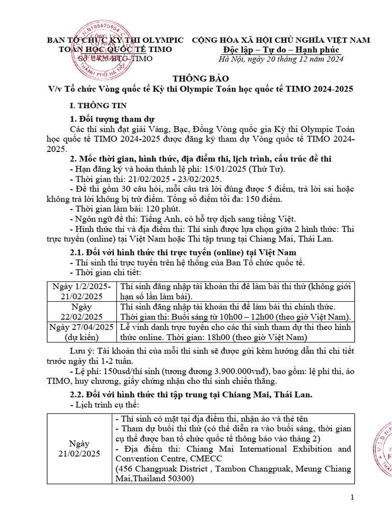 TIMO 2024-2025. Thông báo tổ chức Vòng quốc tế (file PDF | PDF