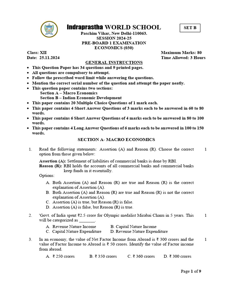 Class XII Economics Pre-Board Exam 2024 | PDF | Economic Equilibrium ...
