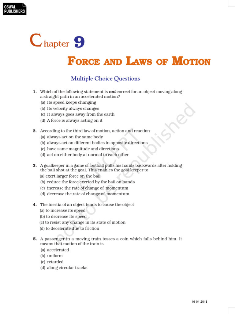 Ncert Exampler Force and Laws of Motion | PDF | Force | Acceleration