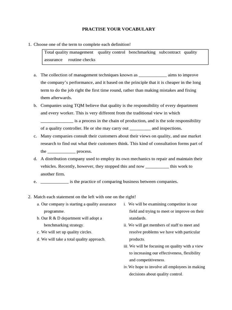 Vocabulary Practice for Quality Management | PDF | Patent | Mass Production