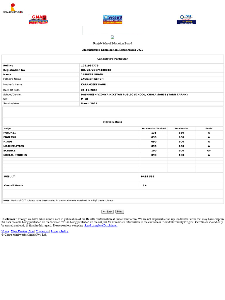 Punjab School Education Board Matriculation Examination Result March ...