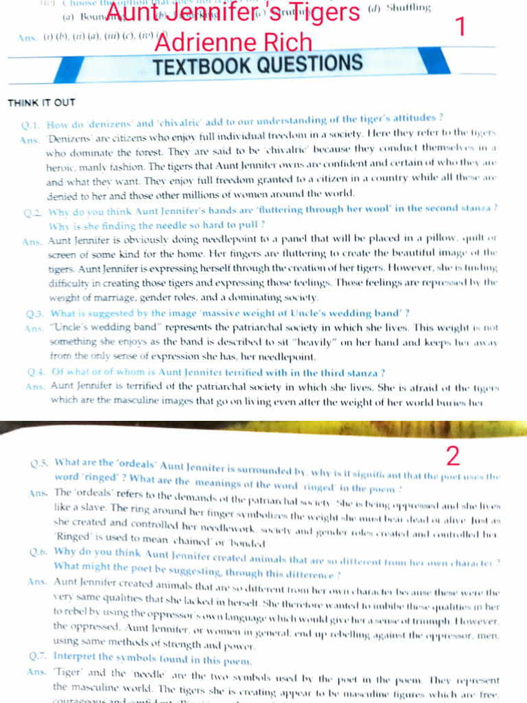 Poem-5 Aunt Jennifer 'S Tigers (Adrienne Rich) | PDF