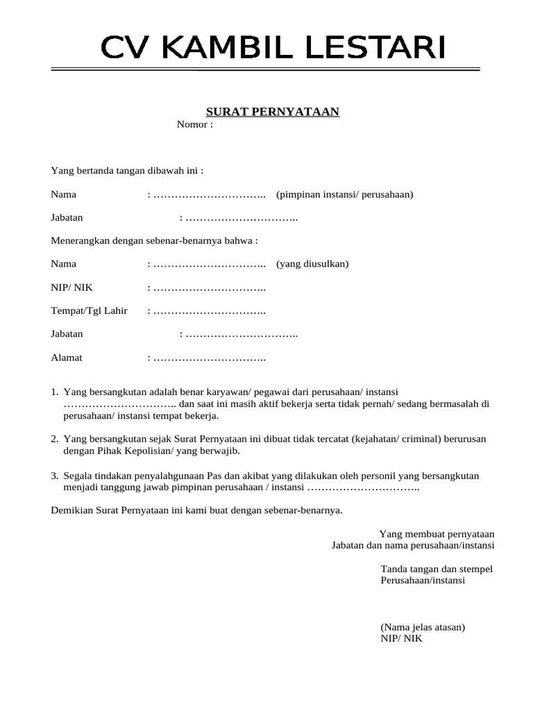SURAT PERNYATAAN cv kambil lestari | PDF