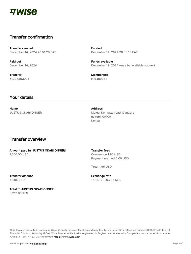 Wise Transaction Invoice Transfer 1336393981 4450780313 en | PDF ...