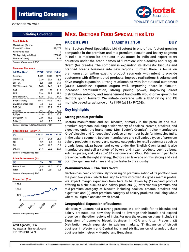 Mrs Bector Foods - Kotak (IC - Oct 2023) | PDF | Bakery | Biscuit