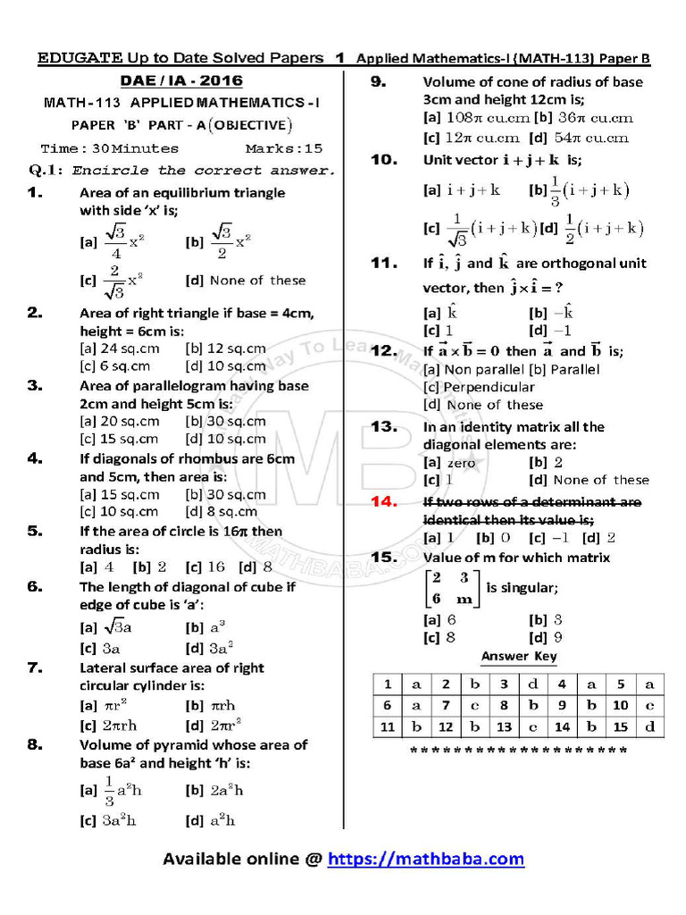 Ia 2016 Solved Paper B Math 113 1 | PDF
