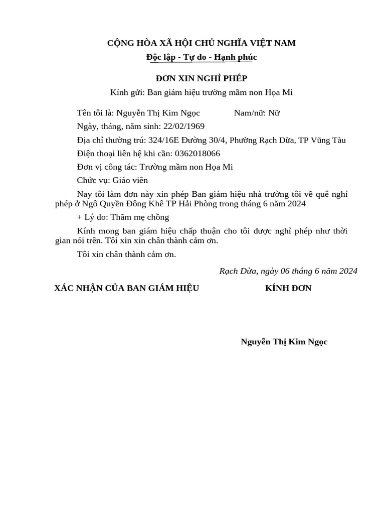 Don Xin Nghi Phep Thang 4 2024 | PDF