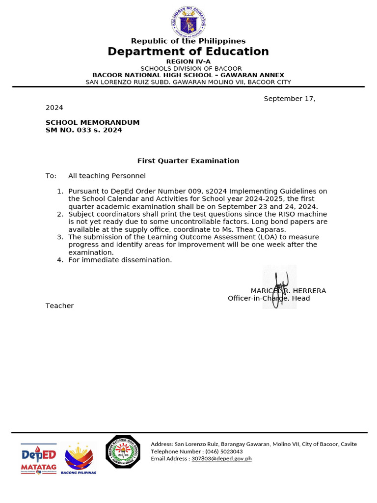 School Memorandun 033 s.2024 !stQExam | PDF