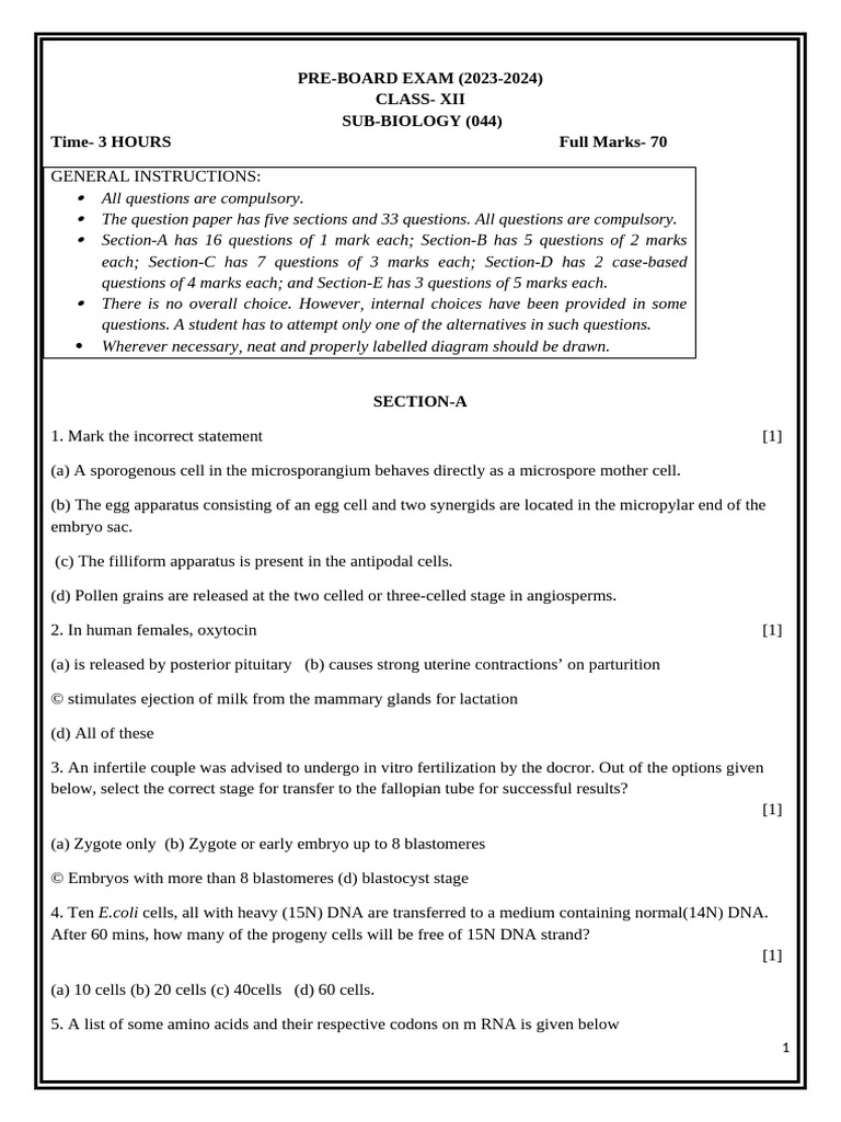 Xii Sqp Biology 2024 | PDF | Genetic Code | Fertilisation