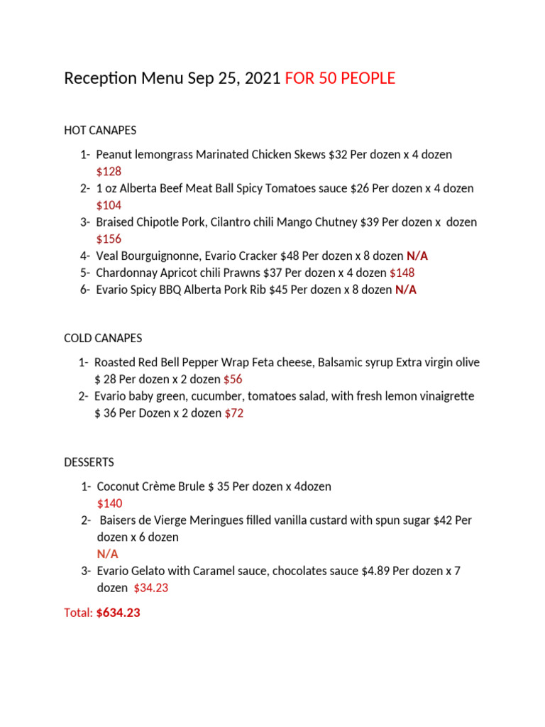 Reception Menu for 50: Hot & Cold Canapes | PDF