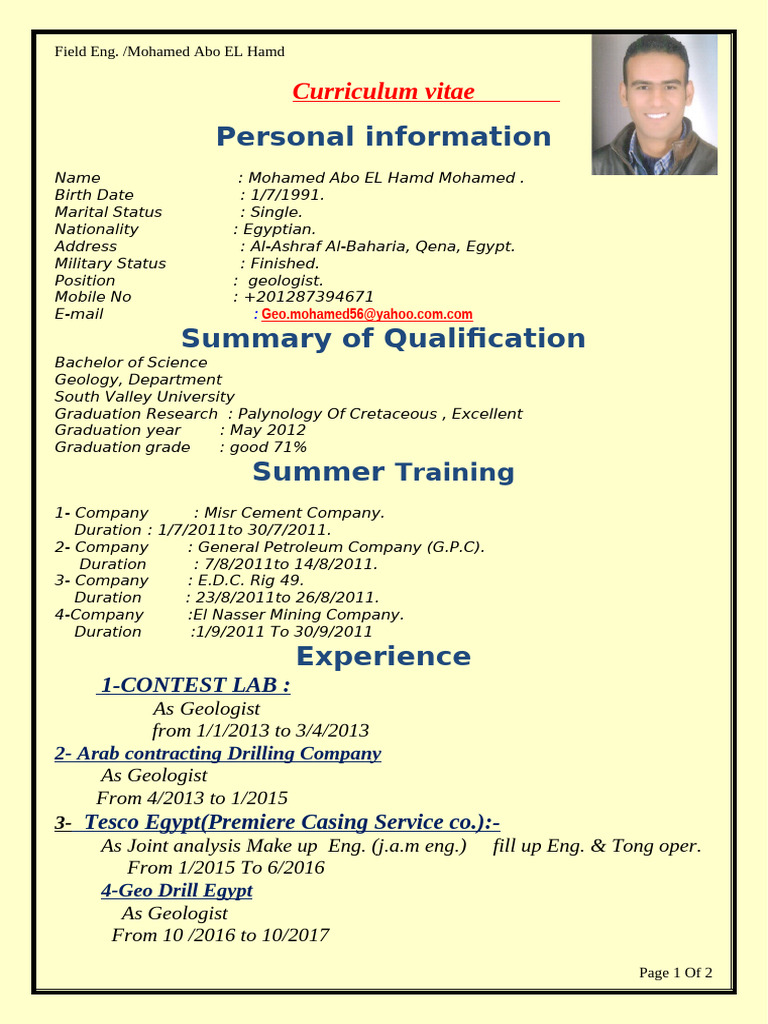 Geologist - Mohamed Abo EL Hamd | PDF | Geology | Rock (Geology)