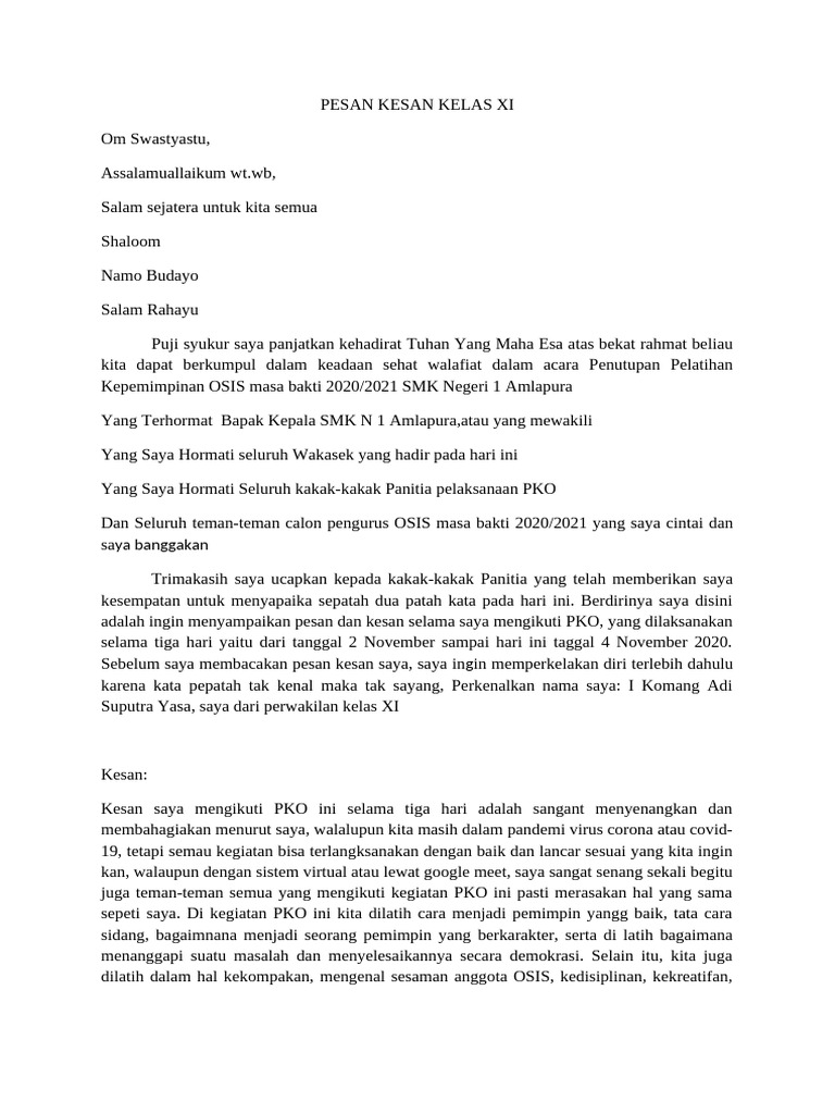 Pesan dan Kesan PKO OSIS 2020/2021 | PDF